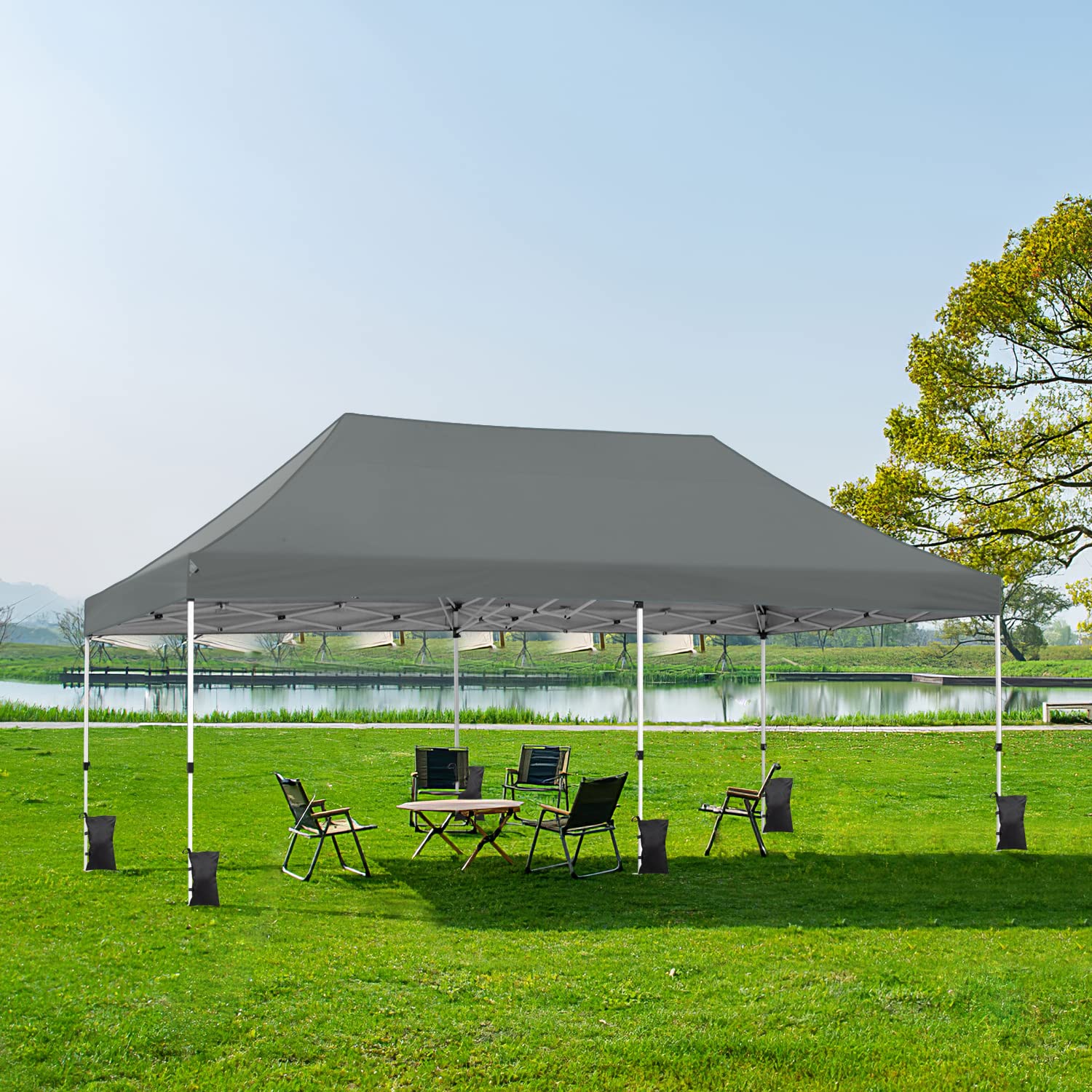CAJECUS 10' x 20' Pop Up Canopy, Durable Easy Beach Canopy Tent, Waterproof Outdoor Canopy with 3 Adjustable Height, Roller Bag, 6 Sand Bags, 4 Ropes and 8 Stakes