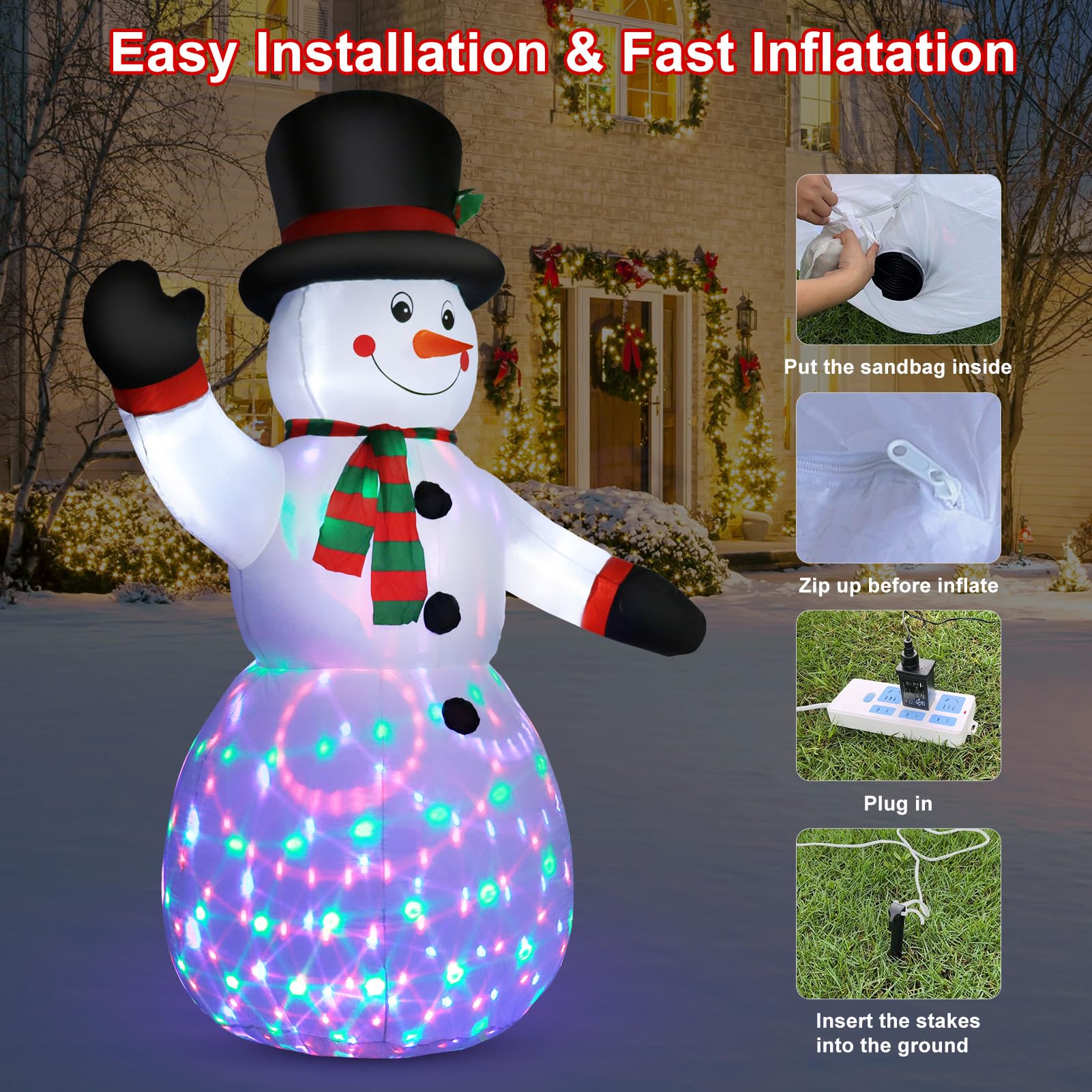 Cootway 7FT Inflatable Snowman with w/Remote Control & Rotating Lights, Christmas Inflatables Outdoor Decorations, Quick Air Inflated & Tethers Stakes Blow ups Snowman Yard Decorations for Lawn Party
