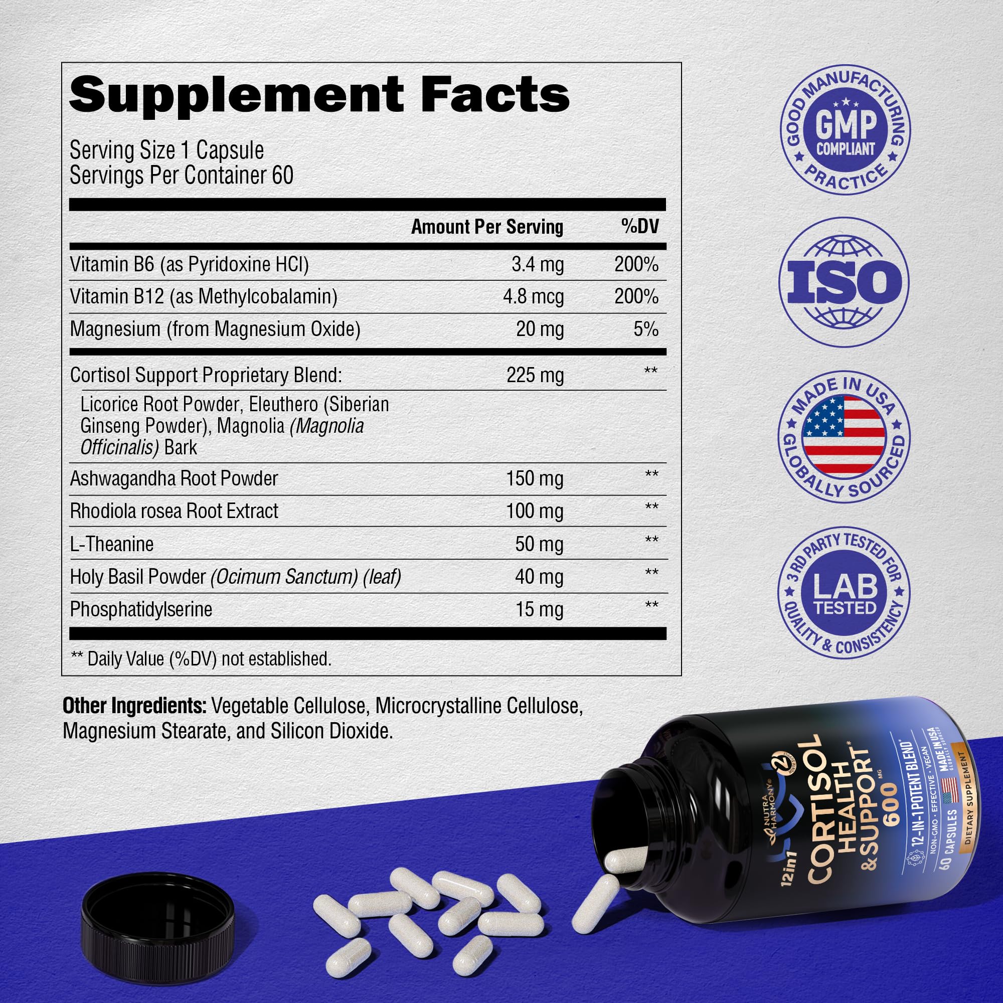 Cortisol Supplement - Made in USA Supplement - Mood, Focus, Sleep Support - Vegan, Non-GMO, 2 Month Supply, Natural Flavor