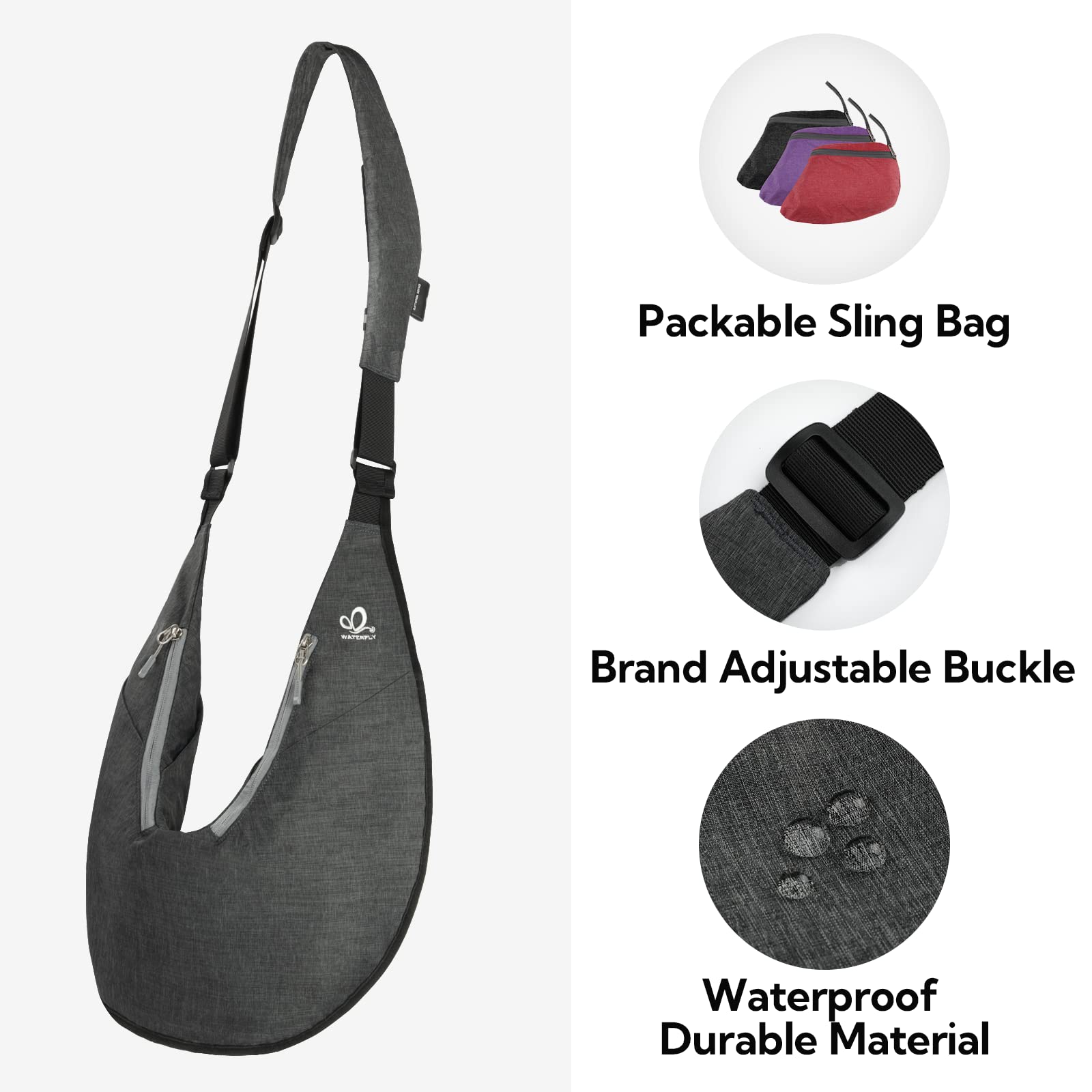 WATERFLY Packable Sling Bag for Women Travel Crossbody Bag Shoulder Purse Anti-Theft Zipper