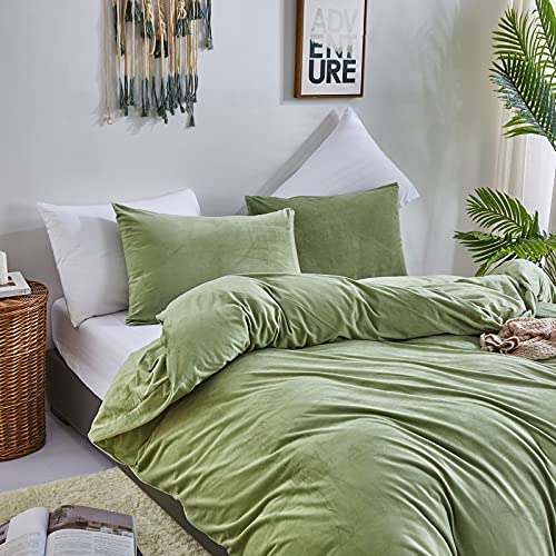 Luxlovery Sage Green Flannel Duvet Cover Set Queen Velvet Fluffy Bedding Cover Sets Light Green Soft Warm Comfy 3 Piece Bedding Cover Set with 2 Pillowcases