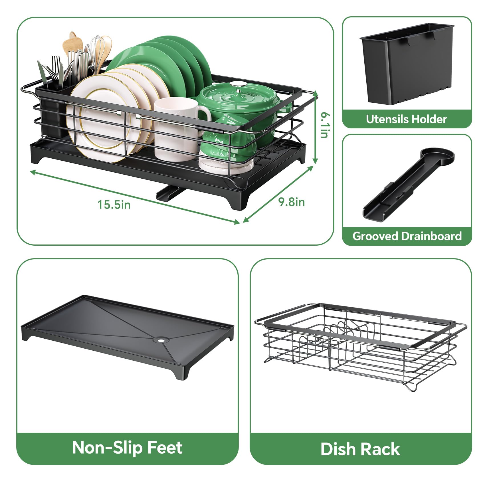 Dish Drying Rack in Sink Stainless Steel Dish Racks for Kitchen Counter Expandable Dish Drainer with Removable Utensil Holder Black