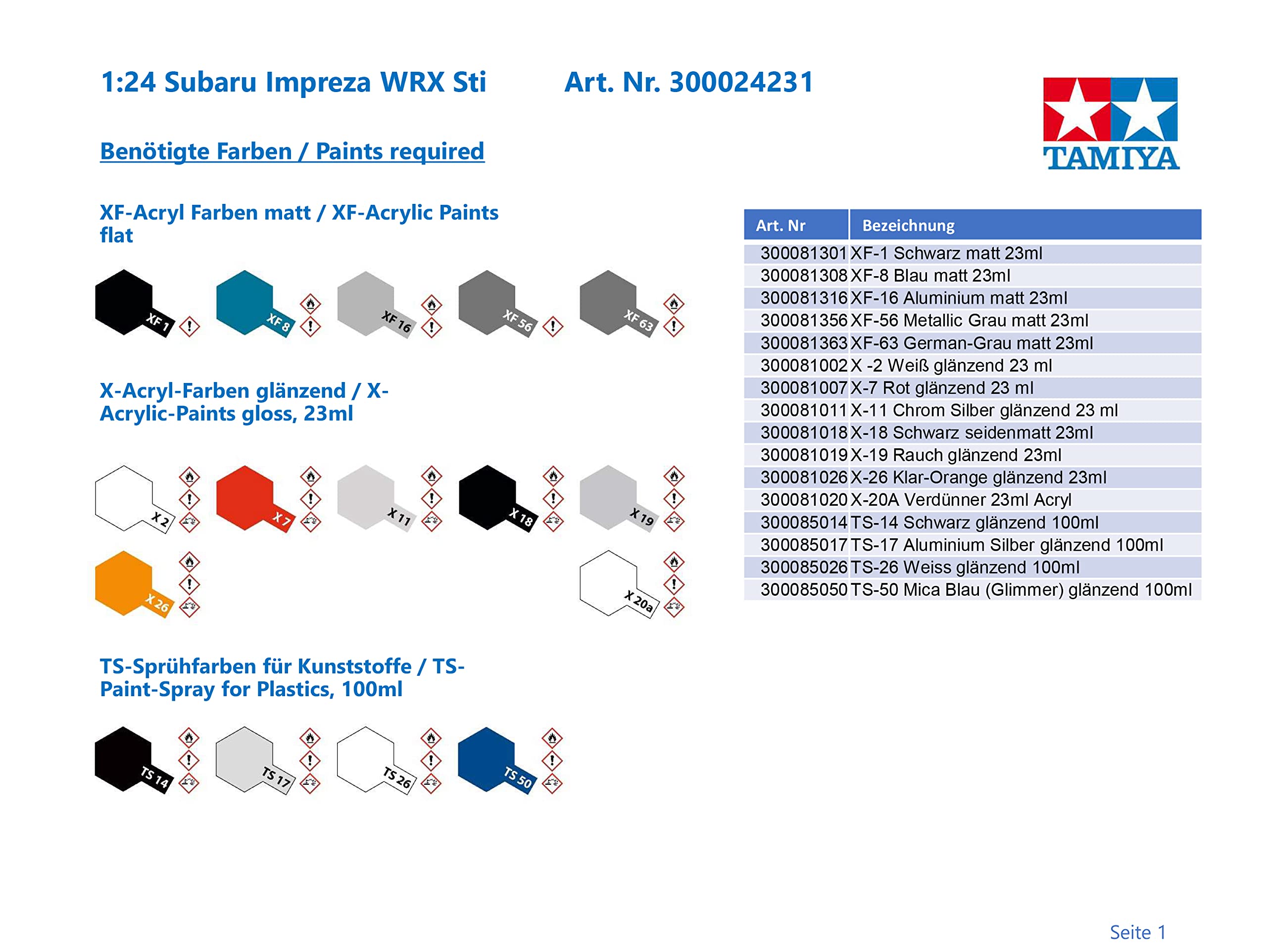Tamiya 24231 1/24 Subaru Impreza STI Plastic Model Kit