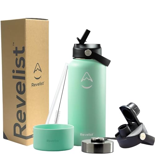 Revelist Sports Water Bottle - 32 Oz, 3 Lids (Straw Lid, Spout & Screw Top) with Boot, Vacuum Insulated Stainless Steel, Double Walled, Reusable Water Flask, Metal Canteen - Cool Mint