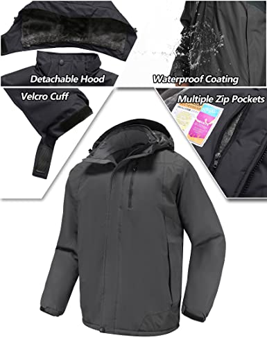 Purltoan Rain Jacket Men Winter Mountain Snow Skiing Raincoats Windproof Water Resistant Soft Shell Fleece Tactical Coat Darkgrey 3XL