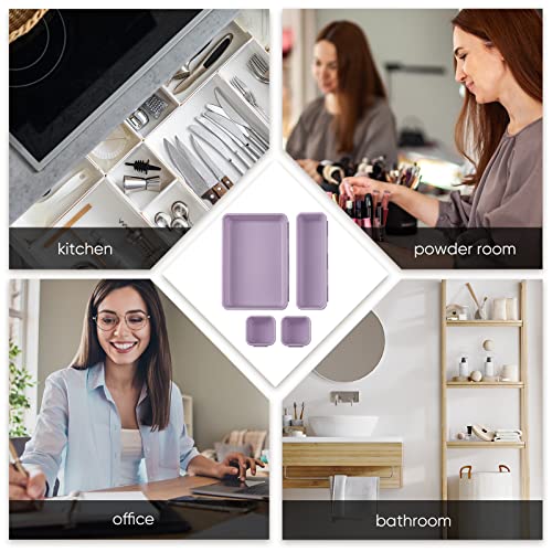 Purpeak 32 Pcs Desk Drawer Organizer Office Organization Tray Versatile Vanity Organizer with Nonslip Pads Makeup Organizer for Divider Drawer Storage Box Container for Kitchen Bedroom (Purple)