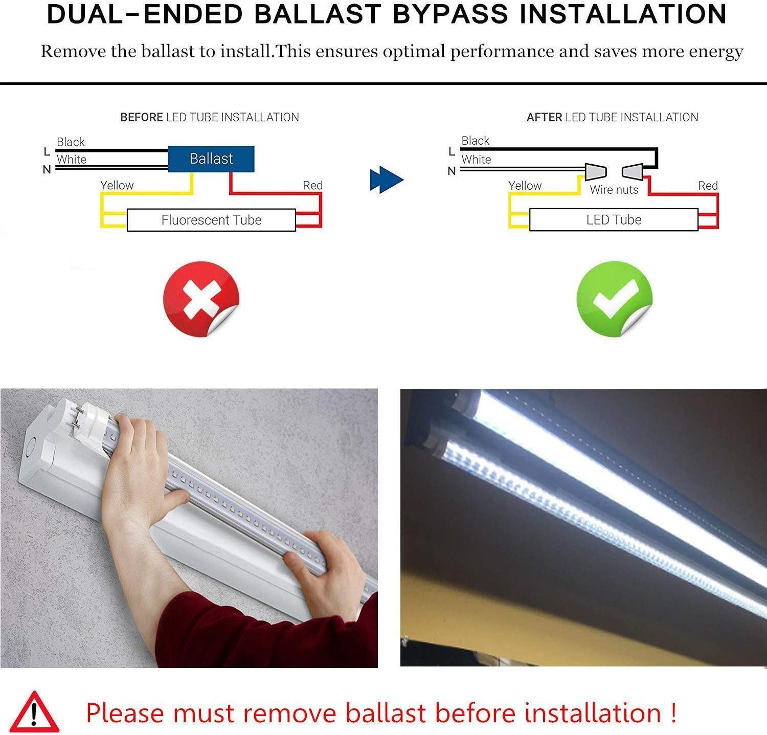 CNSUNWAY T8 LED Bulbs 4 Foot, 22W 2400LM, 5000K Daylight, Type-B Light Tube, Ballast Bypass, Dual-End Powered, Frosted Cover, T8 T10 T12 Fluorescent Light Bulbs Replacement (4-Pack)