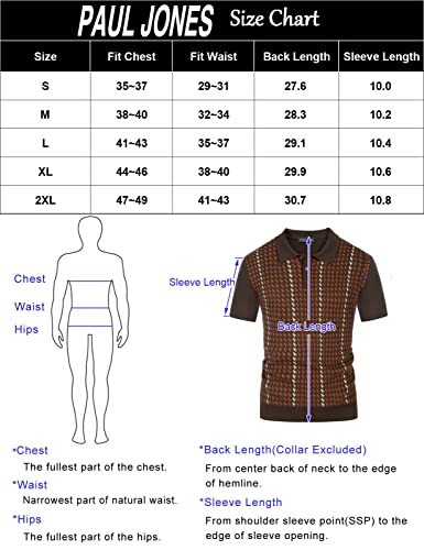 PJ PAUL JONES Retro Knitted Polo Shirt for Men 1950s Houndstooths Shirt Short Sleeve Button Down Knit Polos Knit Light Coffee S