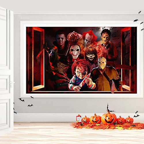 Halloween Horror Backdrop Window Decorations, Fabric Scary Birthday Party Halloween Banner Decals Clings Poster Decor for Haunted House Wall Covers, Horror Movie Characters Background for Photo Booth