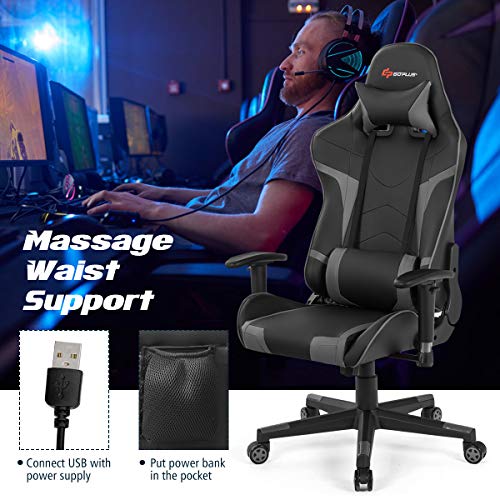 Goplus Gaming Desk & Chair Combo Set, Racing Style X Shaped E-Sport Gamer Desk & PVC Computer Chair w/Cup & Headphone Holder, Mouse Pad, Headrest & Massage Lumbar Support for Home Office (Grey)
