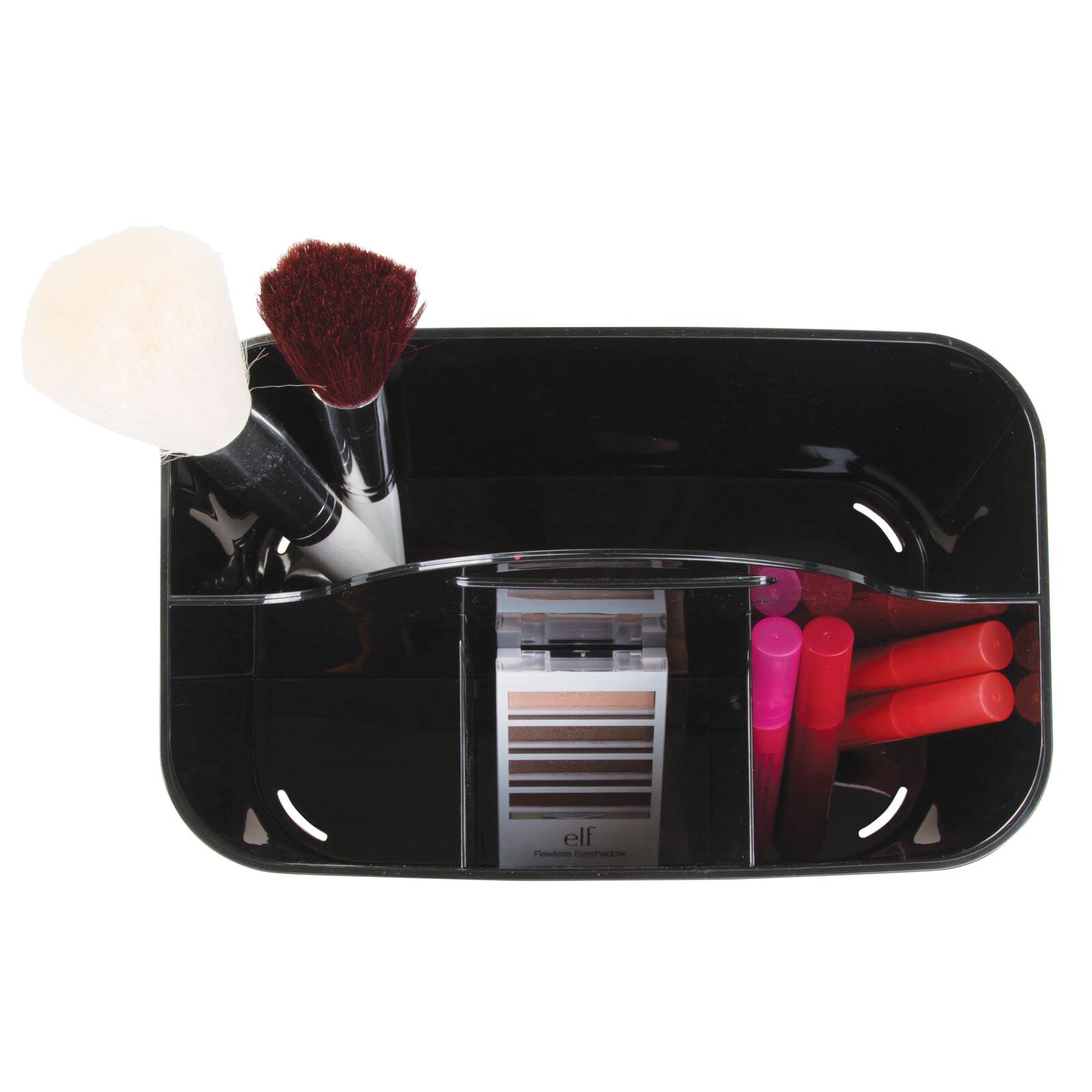mDesign Small Plastic Shower/Bath Storage Organizer Caddy Tote with Handle for Dorm, Shelf, Cabinet - Hold Soap, Shampoo, Conditioner, Combs, Brushes, Lumiere Collection, Black