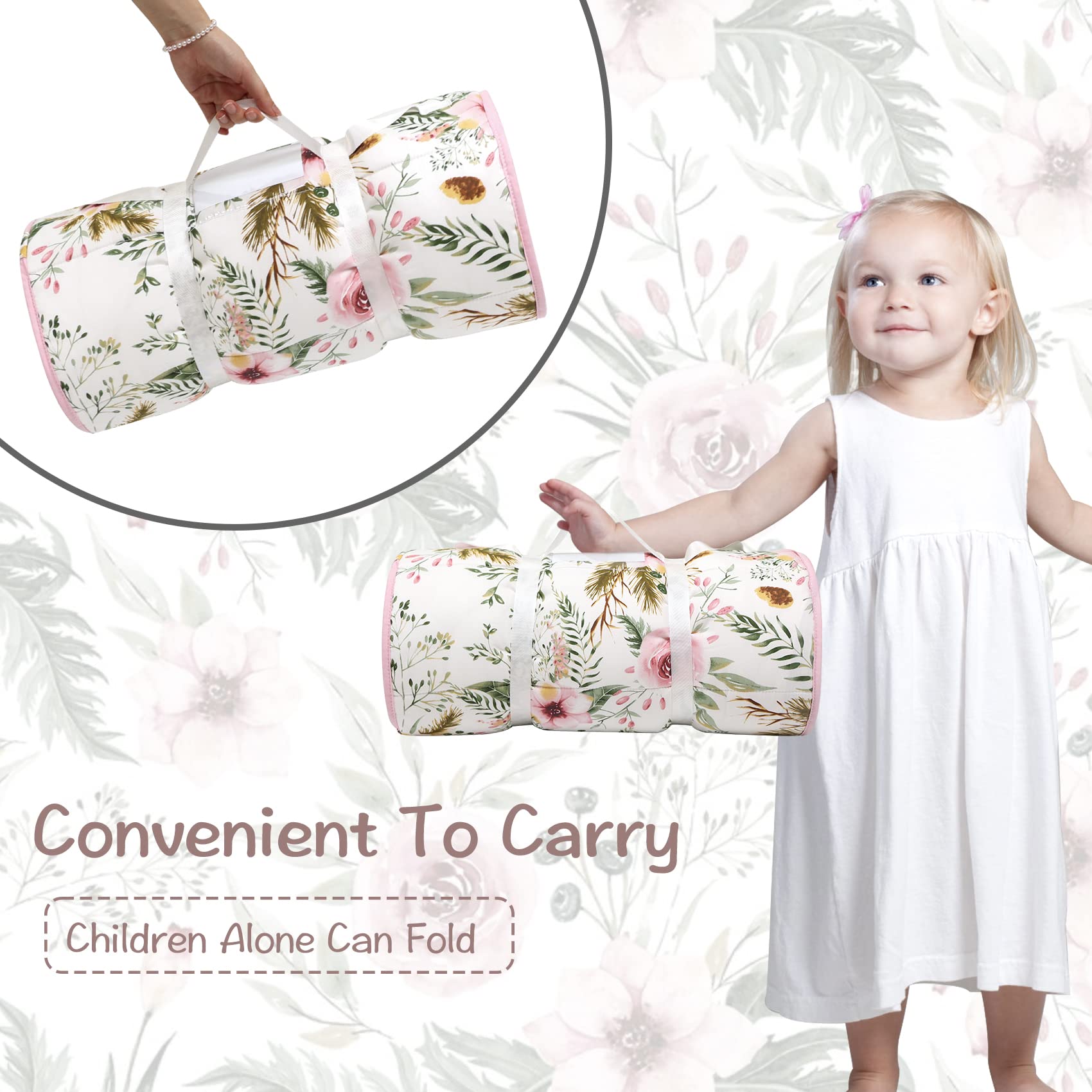 Dad-Baby Toddler Nap Mat with Removable Blanket and Pillow, Extra Large Rolled Napping Mats,Toddler Sleeping Bag,Kids Sleeping Bag for Daycare,Nap Mats for Preschool(Flower Pattern)
