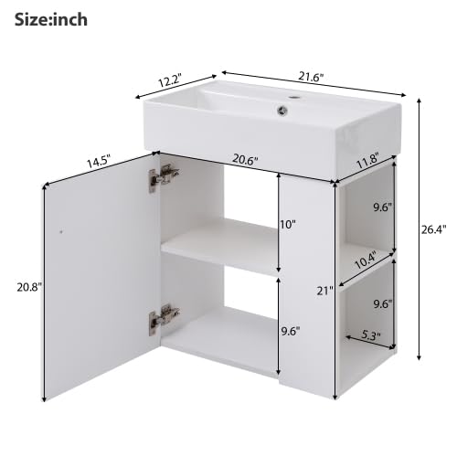 iLintek 21.6 Inch Modern Floating Bathroom Vanity with Ceramic Basin - Perfect for Small Bathrooms, Right Side Storage
