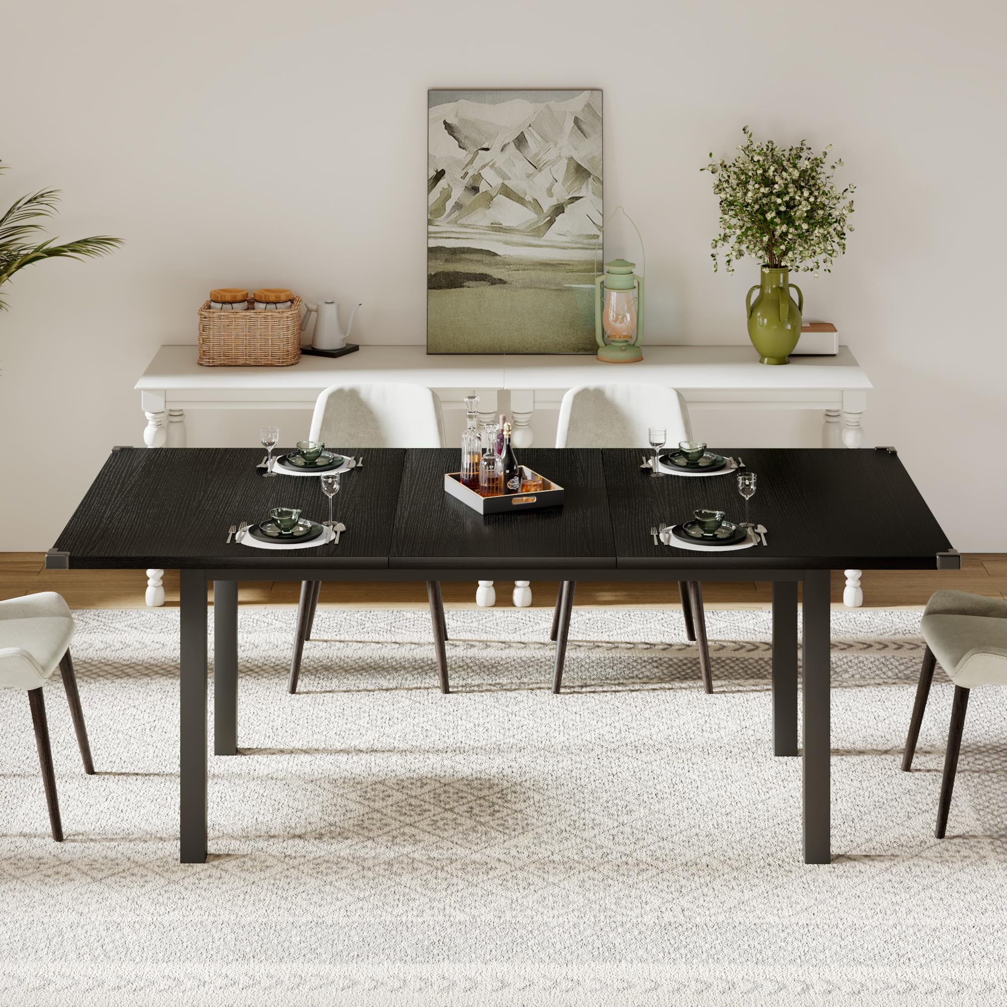 Feonase 63" Extendable Dining Table, Modern Farmhouse Dining Room Table for 4-8, Wooden Kitchen Table for Small Space, Dining Room, Home Office, Living Room Furniture, Black