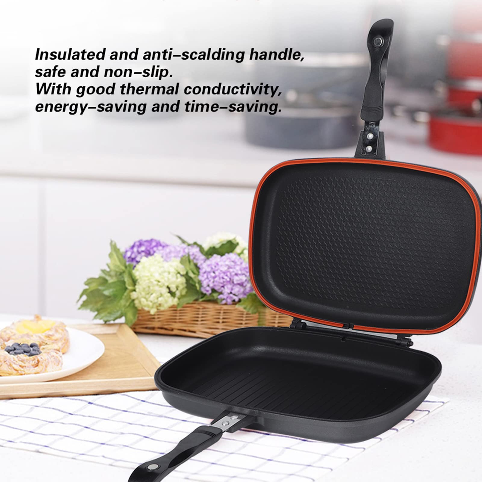 GLOGLOW Double Sided Frying Pan, Anti Scalding Handle Mini Frying Pan Portable Grill Pot Omelette Pot Vintage Aluminum Frying Pan Grill Cookware Kitchen Supplies