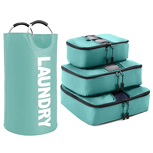 Gorilla Grip Laundry Basket and 3 Piece Packing Cubes, Laundry Basket Size 82L, Easy Carry Handles, Space Saving Travel for Carry On in Multiple Sizes, Mesh Zipper, Both in Turquoise, 2 Item Bundle