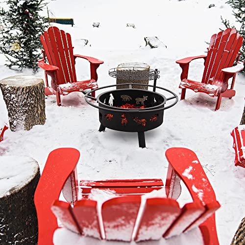 FUNBERRY Fire Pits for Outside,Outdoor Fire Pits with Grill,Wood Burning Fire Pit,30 Inch Firepit with Spark Screen,Log Grate,Poker