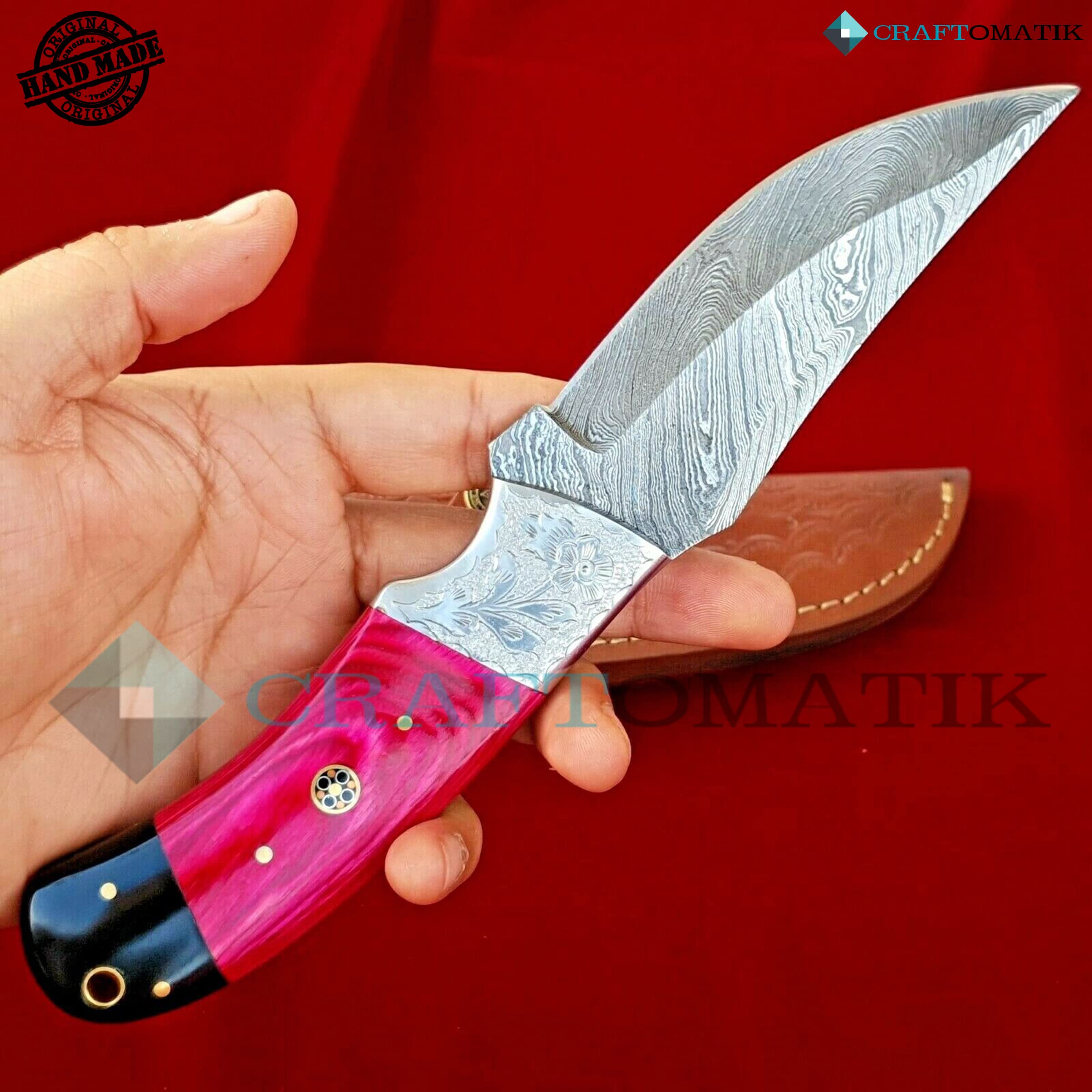 CRAFTOMATIK Hunting Knife | Damascus Steel | Work Knife | Bowie | Damascus Hunting Knife | DHK86