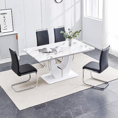 Pvillez 63" Marble Dining Table Set for 4, Modern 5 Piece Dining Set, White Faux Marble Imitation Kitchen Dining Room Table with U-Shaped Pedestal Base & 4 PU Leather Upholstered Dining Chairs