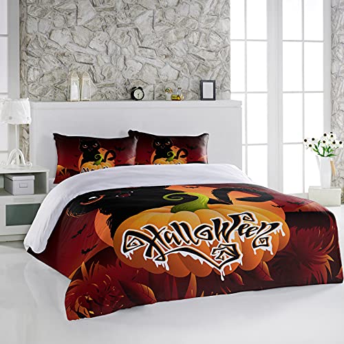 Halloween Twin Duvet Covers Cute Cats with Pumpkins 3-Piece Bedding Sets Luxury Soft Microfiber Bed Comforter Protector with Pillow Cases for Women Men Girl Boy Spooky Night Moon