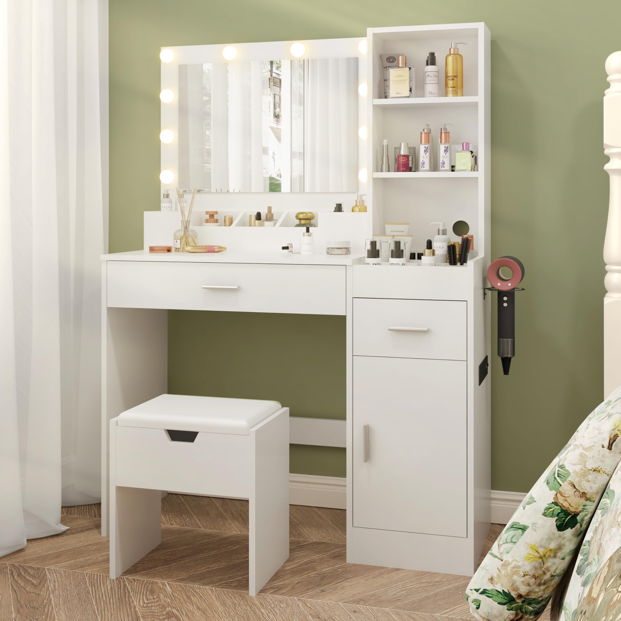 HAIOOU Vanity Desk with Mirror and Lights, White Makeup Vanity with Charging Station, Modern Dressing Table Chair Set with 2 Storage Drawers, 3 Lighting Modes Adjustable Brightness for Bedroom