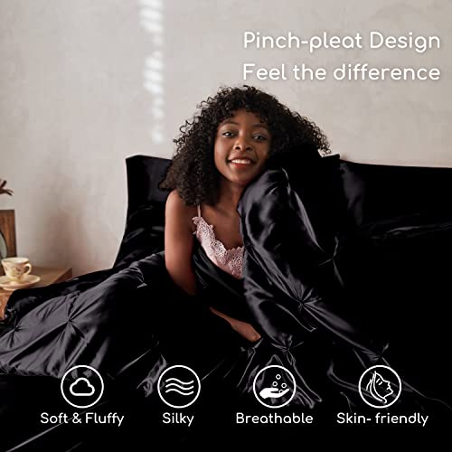 MR&HM Satin Comforter Queen 8 Pieces - Luxurious Pinch Pleat Bedding Set with Comforter, Sheets, Bed Skirt, Pillowcases & Shams, Super Silky Soft Bed Set for All Season (Queen, Black)