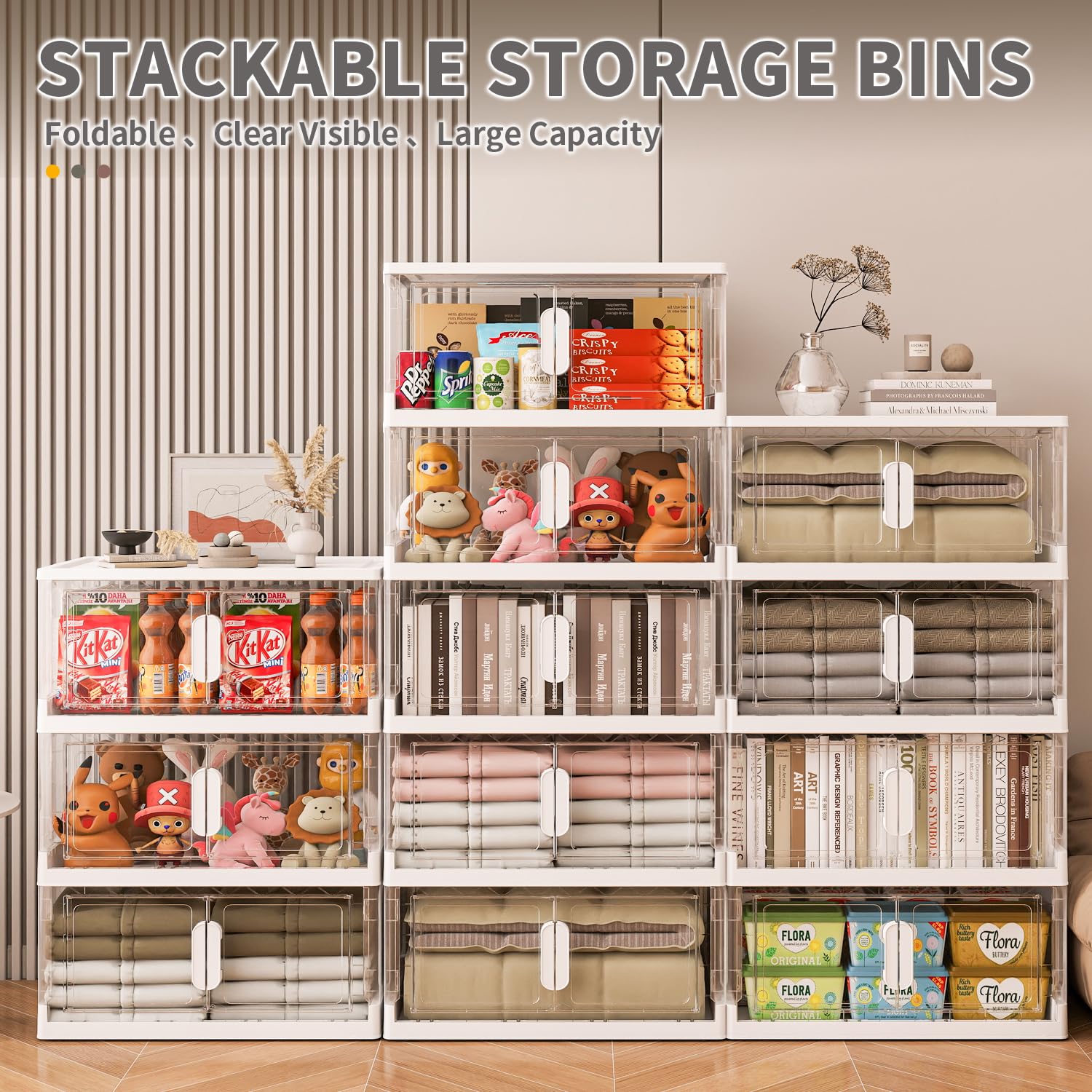 Dimmeda Clear Storage Bins with Lid,15 Gal Collapsible Storage Bins with Wheels,4 Packs Plastic Storage Bins, Closet Organizers and Storage,Open Front Stackable Storage Bins for Closet Clothes