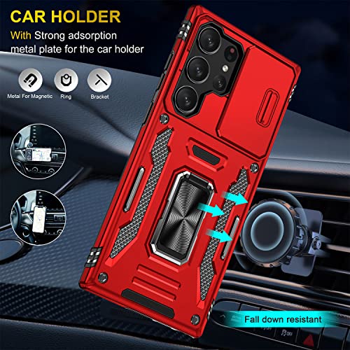 SEFING Phone Case S23 Ultra, for Galaxy S23 Ultra Phone Case with Stand, Slide Camera Cover, 360°Ring Magnetic Kickstand, Heavy Duty Shockproof Anti-Scratch Rugged Case for Samsung S23 Ultra (Red)