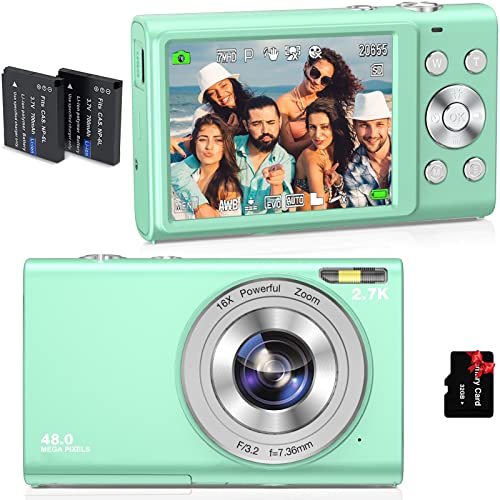 Digital Camera Auto Focus 2.7K Vlogging Camera HD 48MP 16X Digital Zoom Camera with 32G Memory Card 2 Batteries YouTube Portable Mini Compact Camera for Kids Teens Adult Beginner Green
