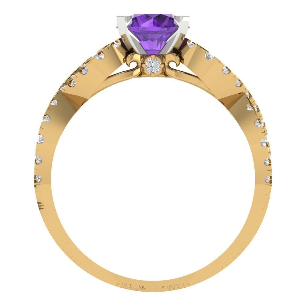 Clara Pucci 1.32ct Round Cut Solitaire Natural Purple Amethyst gemstone designer Modern Statement with accent Ring Solid 14k 2 tone Gold