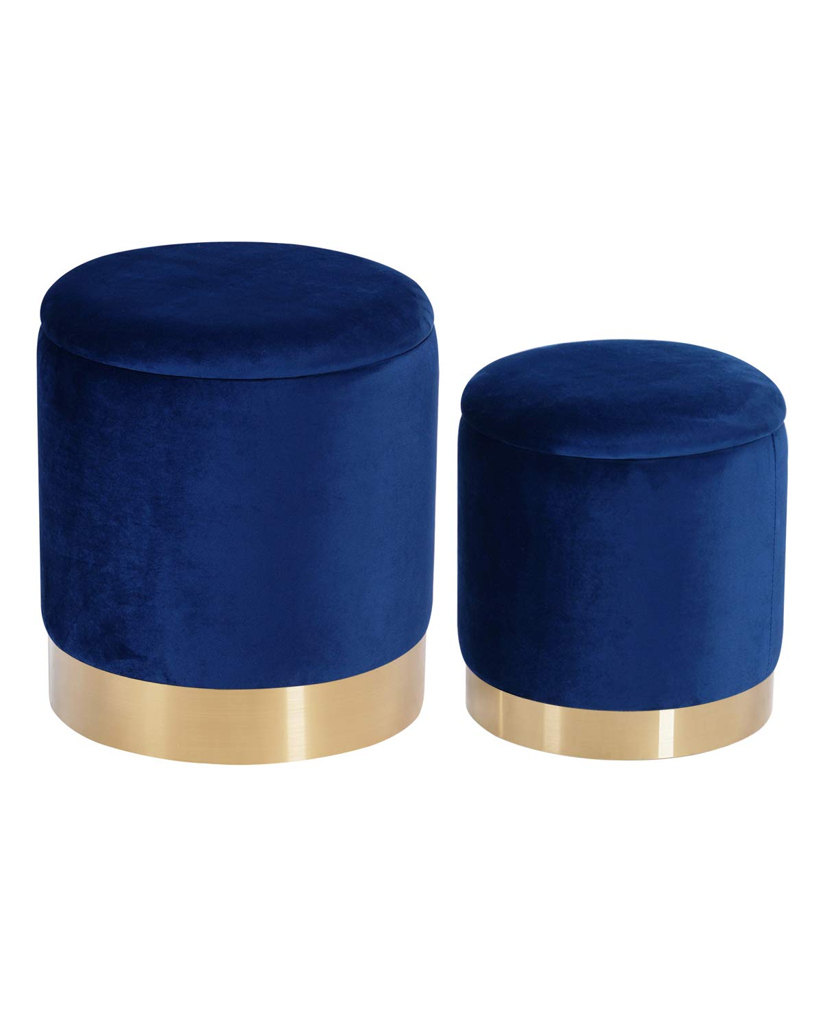 DEERUN Round Velvet Storage Ottoman Foot Rest Stool/Upholstered Footstool with Gold Plating Base,Pack of 2 (Blue)
