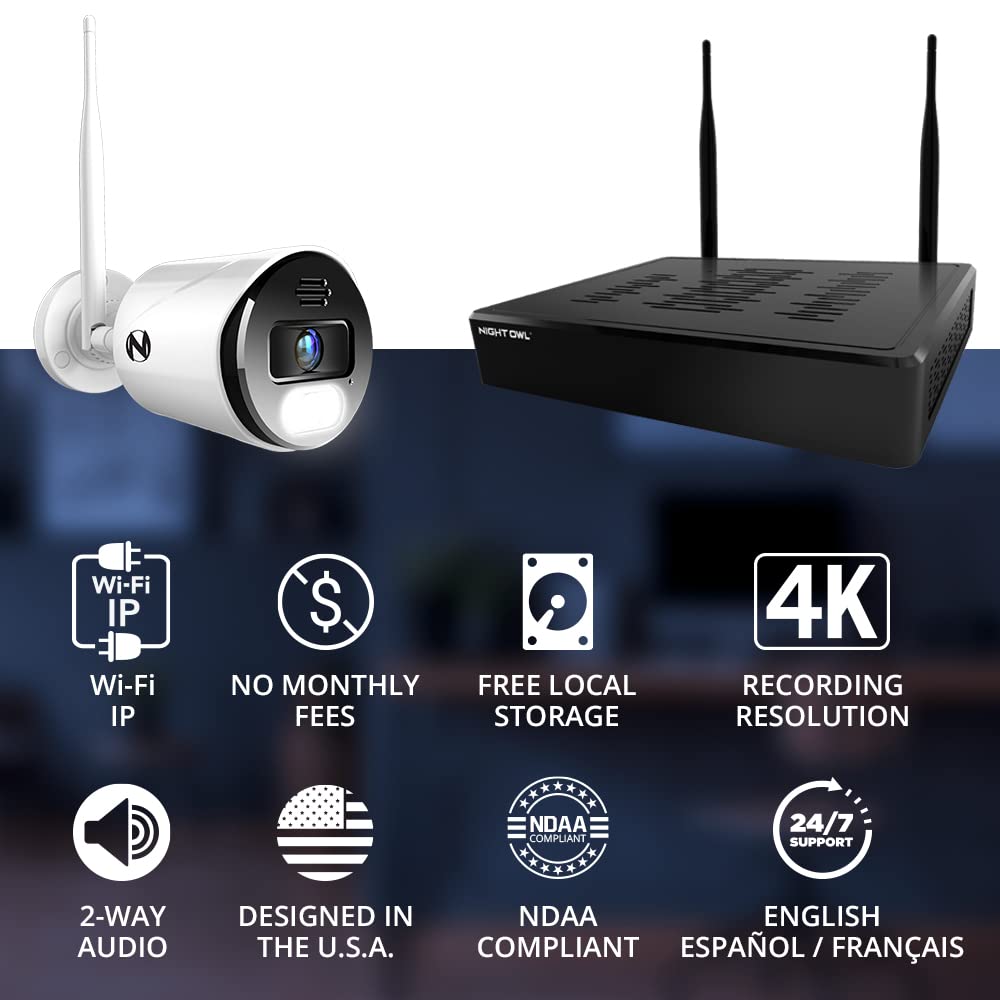 Night Owl Sp, Llc Night Owl 10 Channel Bluetooth Video Home Security Camera System with (4) Wi-Fi IP 4K HD Indoor/Outdoor Spotlight Cameras 2-Way Audio and 1TB Hard Drive, BTWN8-4L1