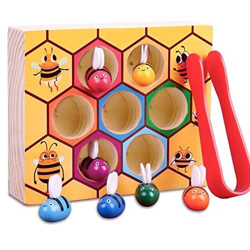 YUNCHY Toddler Fine Motor Skill Toy, Bee to Hive Matching Game, Montessori Wooden Color Sorting Matching Toy, Preschool Educational Learning Toys Gift for Toddler 2 3 Years Old