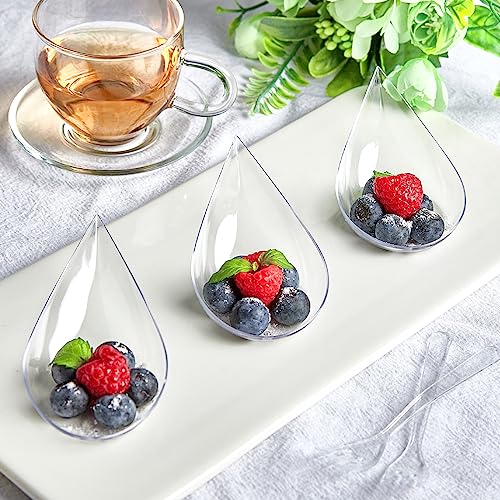 TOFLEN 100ct 4 Inch Mini Appetizer Plates with Tasting Forks - Reusable Clear Plastic Party Serving Trays Mini Plates for Appetizers and Desserts - Tear Drop Tasting Spoon Mini Dish Bowls