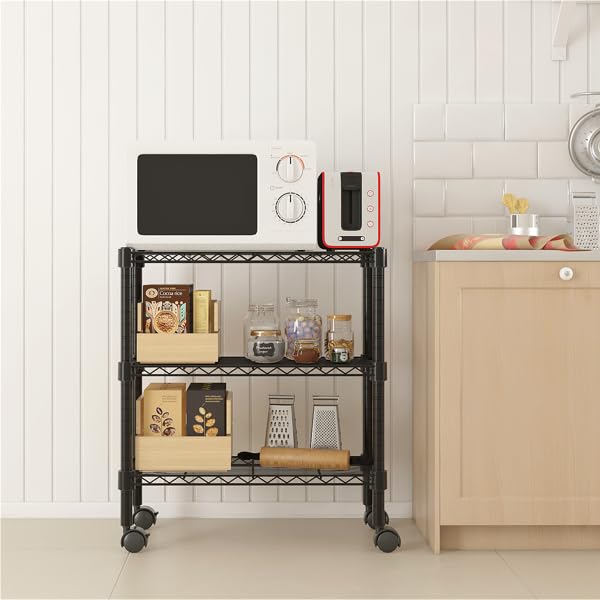 Imseigo 3-Layer Adjustable Metal Storage Shelf,Plastic Coated,1.5" Plastic Wheel Casters,Mobile Iron Organizer Wire Rack,23.6" L x 13.8" W x 33.5" H for Indoor Living Room,Kitchen,Corridor,Bedroom