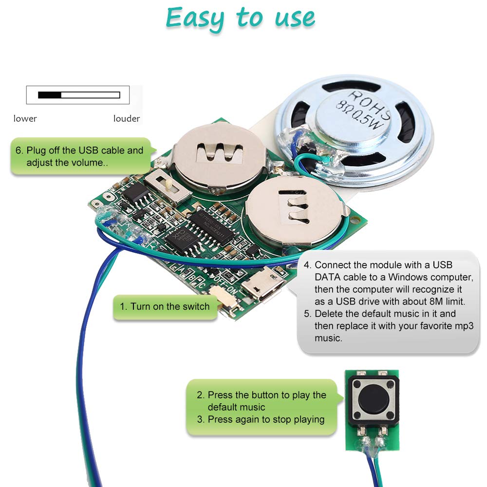 Recordable Sound Module, Icstation 8M USB Programmable Sound Chip with Speaker, Push Button Activated Charging Sound Board for DIY Music Card Birthday Valentine's Day Greeting Card