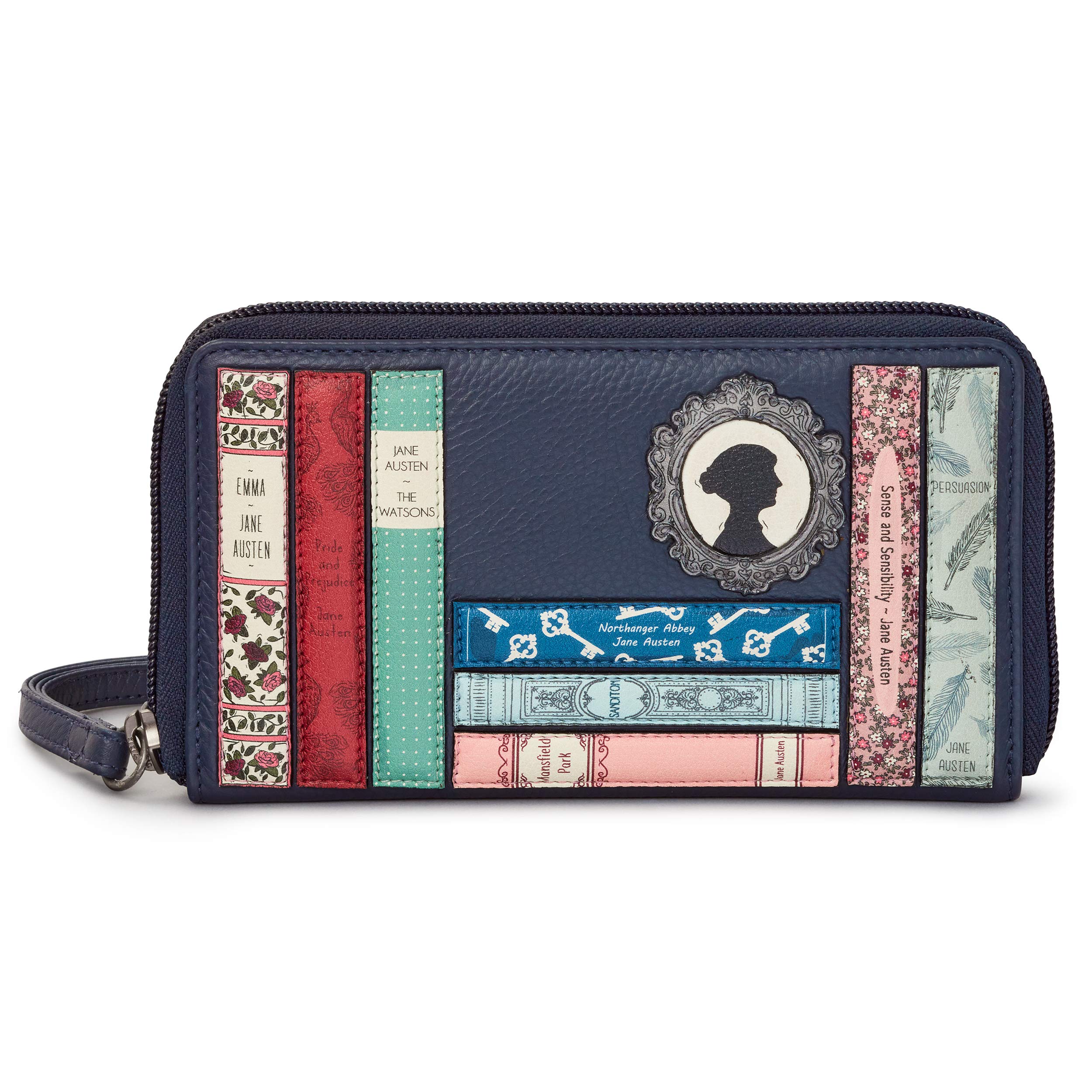 Yoshi Jane Austen Bookworm Ladies Purse, Genuine Leather Womens Wallet, Zip Round with Wrist Strap, Navy, One Size
