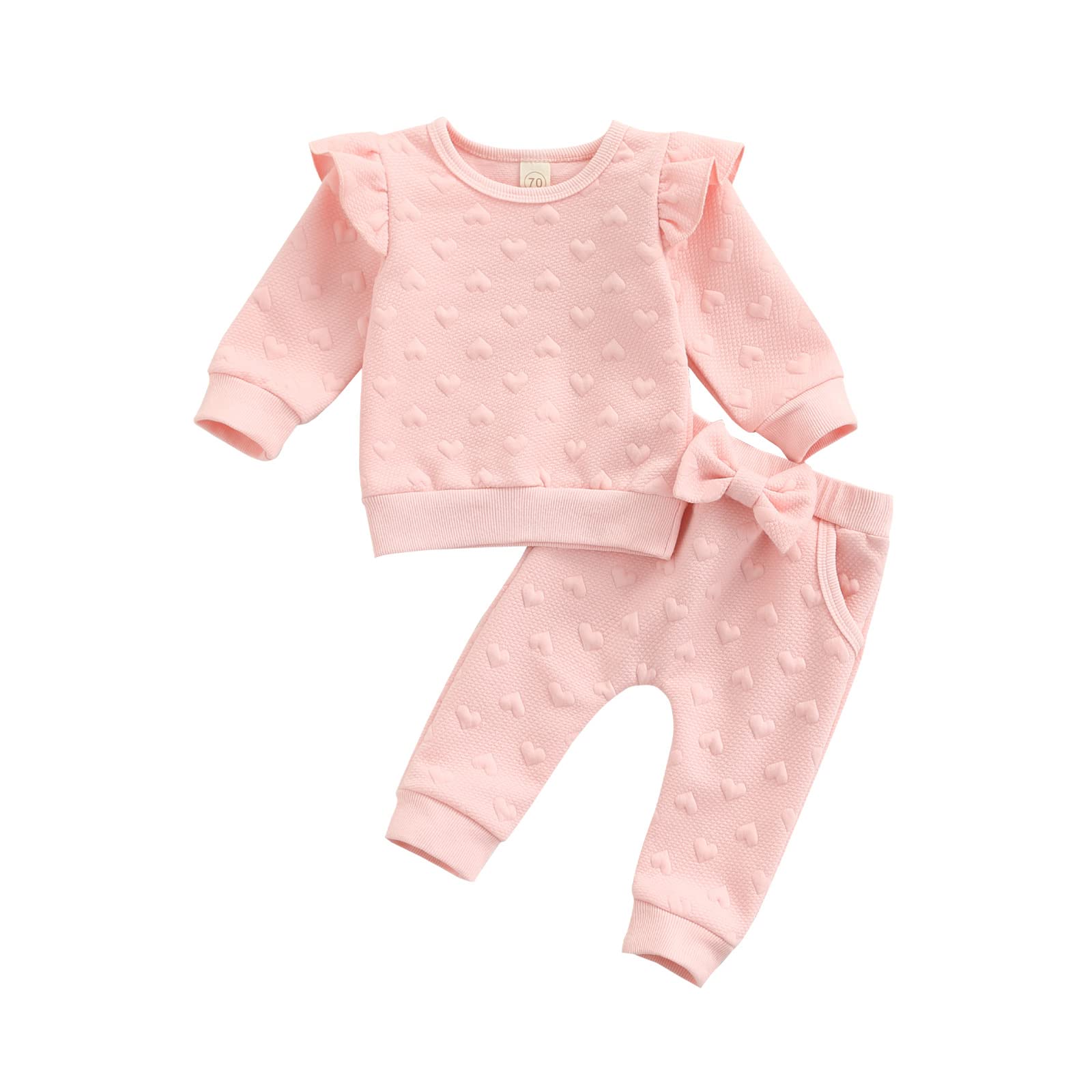 Newborn Baby Girl 2pcs Clothes Fall Winter Heart Sweatshirt Pullover Top and Bowknot Pants Valentine“s Day Outfits (Pink, 6-12 Months)