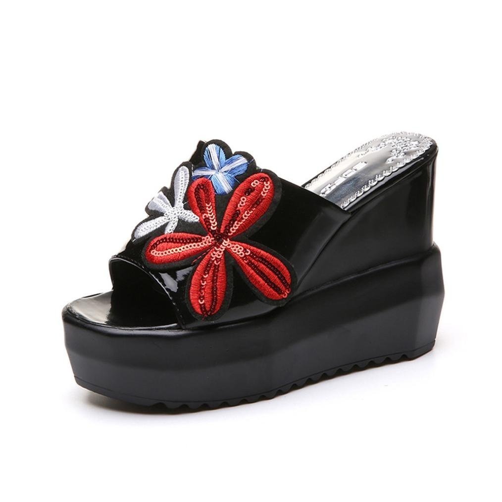 WensLTD Women's Thick-Bottom Sloped Slippers Embroidered High-Heeled Wedges Platform Shoes (6.5, Black)