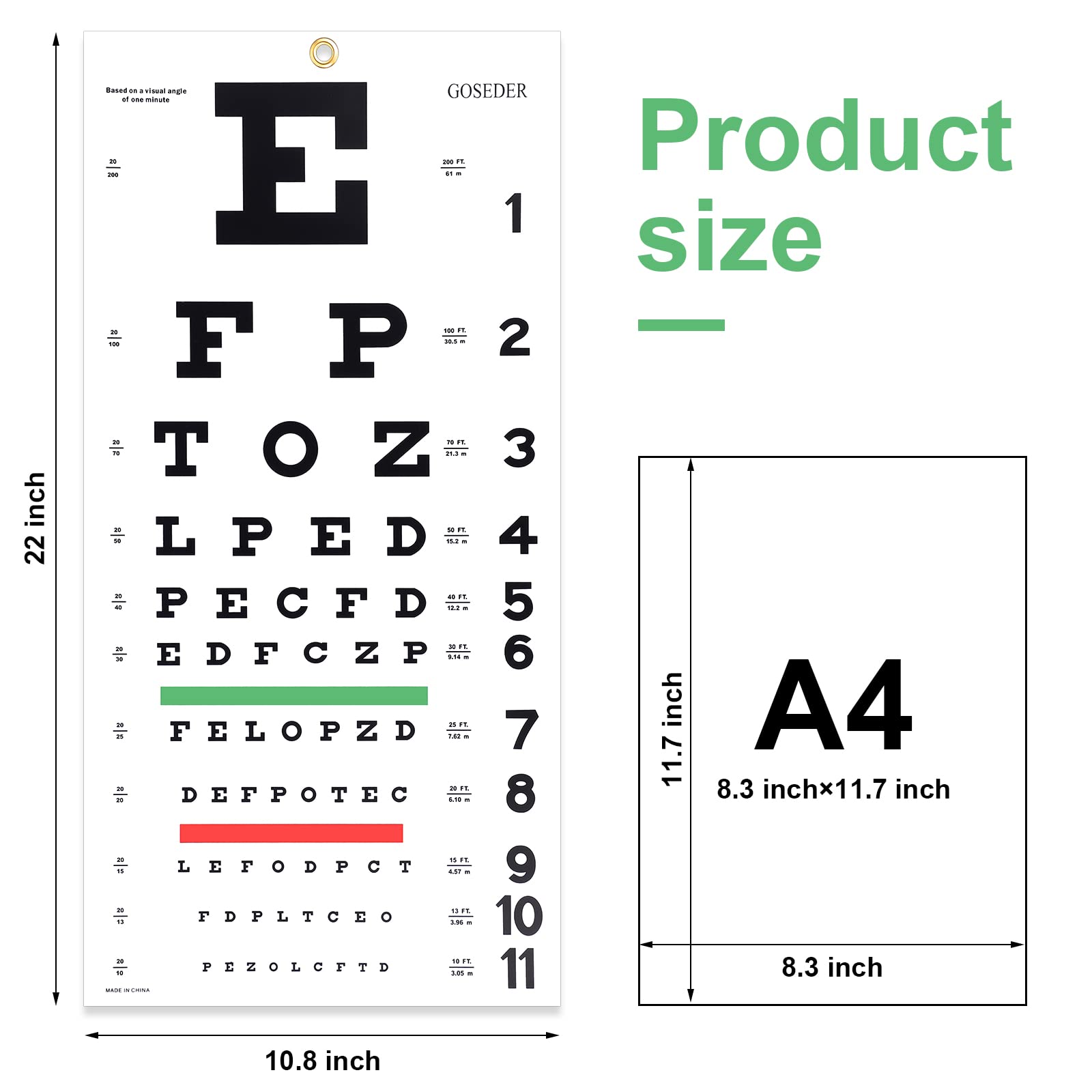 Snellen Eye Chart, Eye Charts for Eye Exams 20 Feet 22×11 Inches, Low Vision Eye Test Charts for Wall Décor Kids Gifts