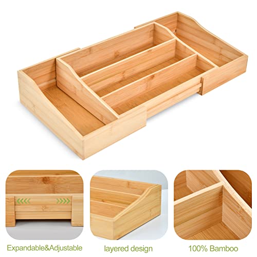 SZMJ-SN Bamboo Wood Countertop Organizer Bin Storage Box, Expandable 13.8"-22.8", for Organization Kitchen, Bathroom, Pantry, Office, Etc