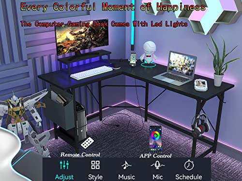 SZXKT Gaming Desk with Monitor Stand and Power Outlets,l Shaped Desk with Storage and LED Lights,Home Office Reversible Corner Computer Desk with Hooks (Black)
