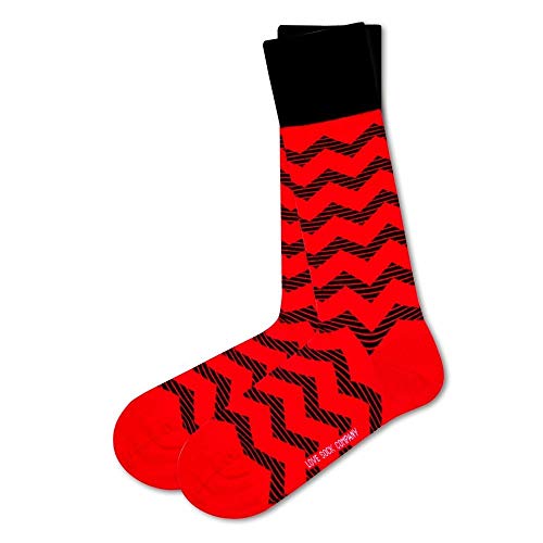 Love Sock Company organic cotton mid calf men's red and black stripe dress socks Zig Zag (red)