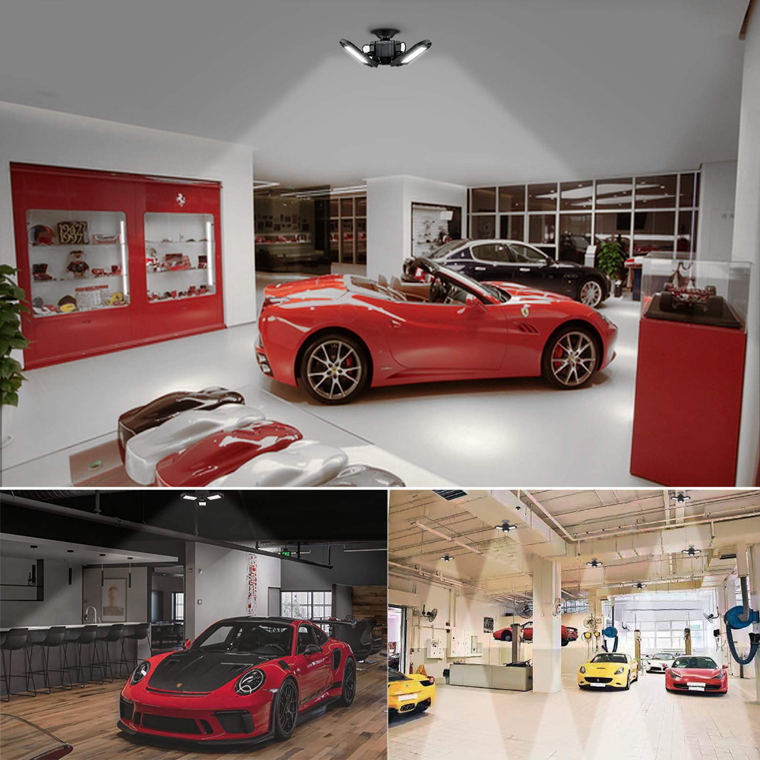 Deformable LED Garage Light,Winshine E26 Base 6000LM 60W Triple Light Garage Ceiling Lamp,6000K Daylight LED Shop Light,3 Adjustable Panels Bay Lighting for Garage,Warehouse,Barn (NO Motion Activated)