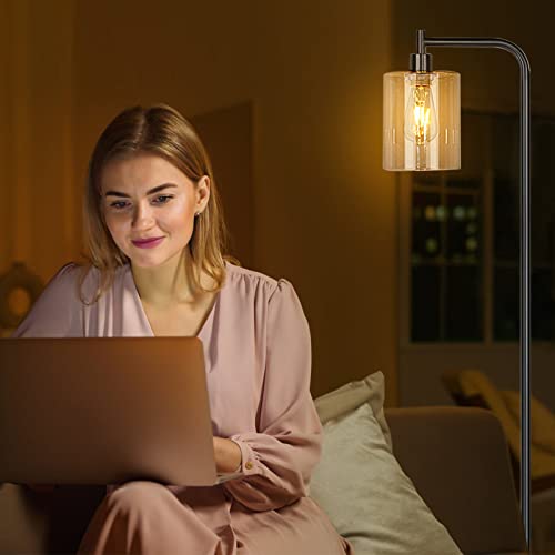 QiMH Industrial Floor Lamp for Living Room, Modern Standing Lamp with HD Glass Lampshade and Pedal Switch, 67β Tall Pole Light for Bedroom Study Room, Black (2700K LED Bulb Included)