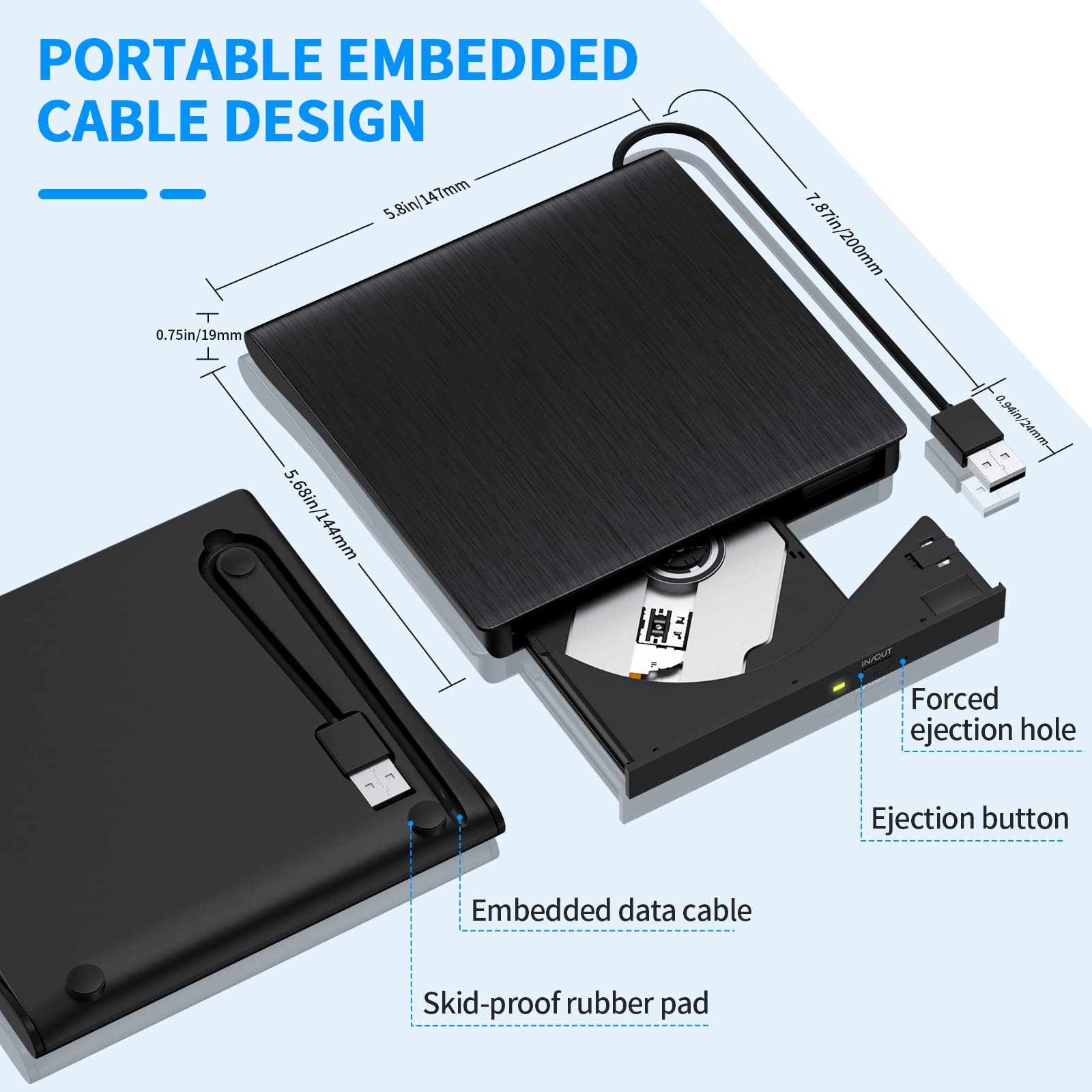 FEUHAISHI External DVD Drive, External DVD/CD ROM Writer for Laptop or Desktop, USB 3.0 Slim Portable CD DVD +/-RW Optical Drive Compatible with Windows XP/7/8/10, Mac OS, Linux
