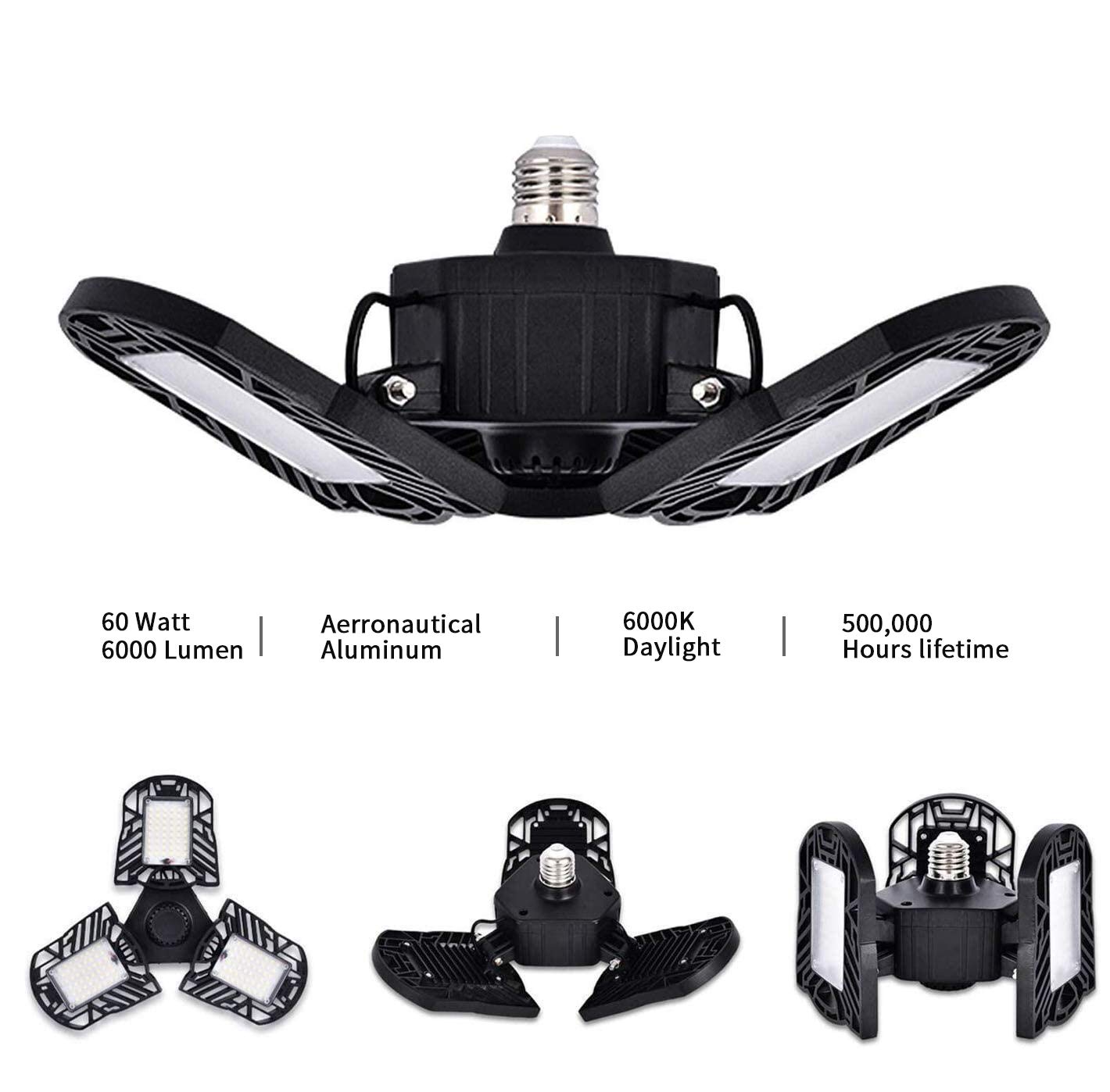 Deformable LED Garage Lights, E26 Base 60W LED Ceiling Lights, 6000LM 6000K Super Bright Shop Light with 3 Adjustable Angle Panels for Workshop, Warehouse, Basement Cellar, Full Area Basement etc