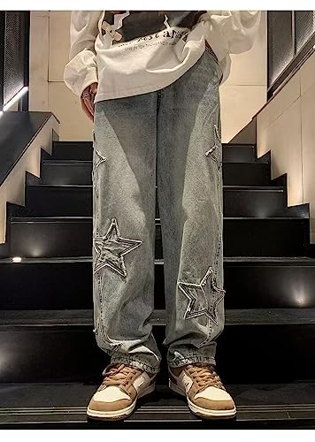 Grunge Baggy Jeans Y2K Emo Alt Cargo Pant Star Patchwork Fairycore Demin Cloting Jogger Hiphop Gothic Tripp Streetwear (Black,Large)