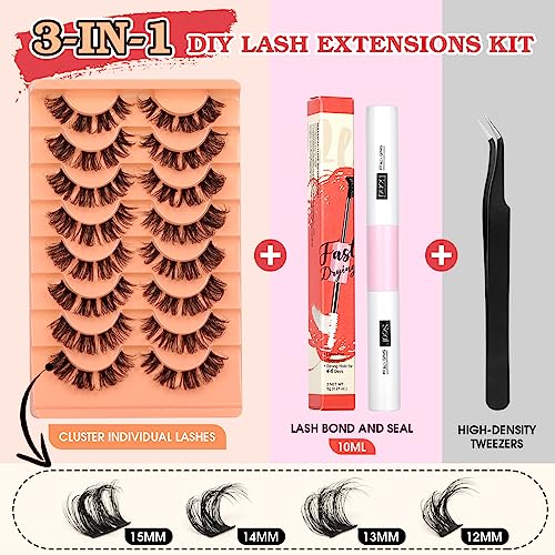 DIY Lash Extension Kit with Lash Bond and Seal, Cluster Individual Lashes Kit With Strong Lash Bond and Seal Lash Tweezers DD Curl Fluffy DIY Eyelash Extension Kit at Home