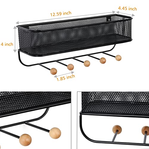 Key and Mail Holder for Wall Decorative 2 Pack Metal Basket Mail Organizer Wall Mount with 5 Key Hooks Mail and Key Rack Hanger for Entryway Storage Leashes Letters Magazines Wallet Coat - Black